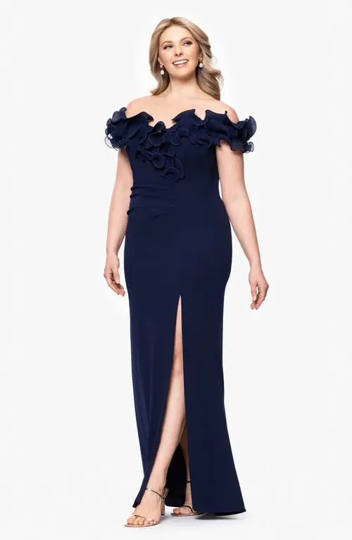 XSCAPE EVENINGS Ruffle Scuba Knit Sheath Gown - Navy