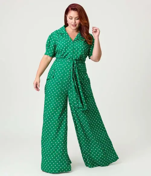 Unique Vintage 1940s Style Flare Leg Jumpsuit - Green & White Dot