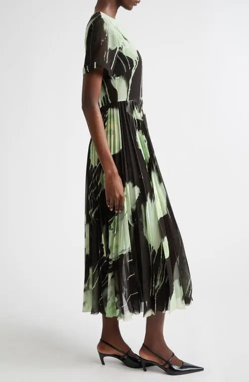 JASON WU Watercolor Floral Pleated Chiffon A-line Dress - Black/light Jade  | Editorialist