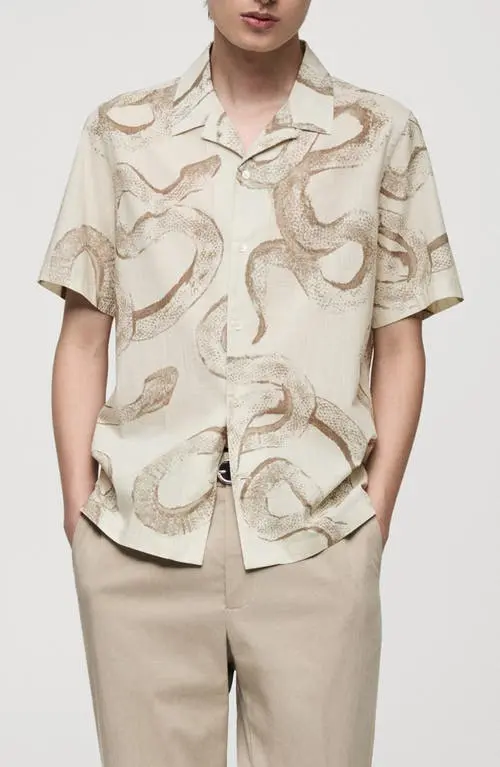 Mango Snake Print Cotton Camp Shirt - White