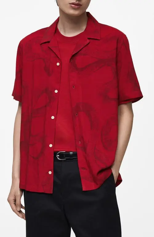 Mango Regular Fit Snake Print Camp Shirt - Red