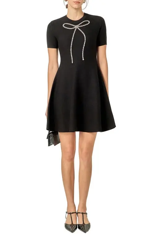 English Factory Rhinestone Bow Knit Fit & Flare Dress - Black