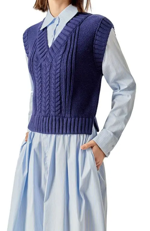 English Factory Mixed Media Maxi Shirt Dress With Sweater Vest