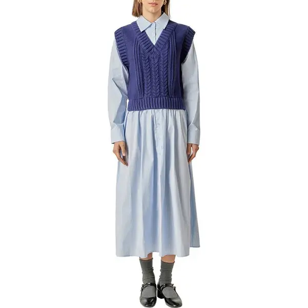 English Factory Mixed Media Maxi Shirt Dress With Sweater Vest - Dark Navy