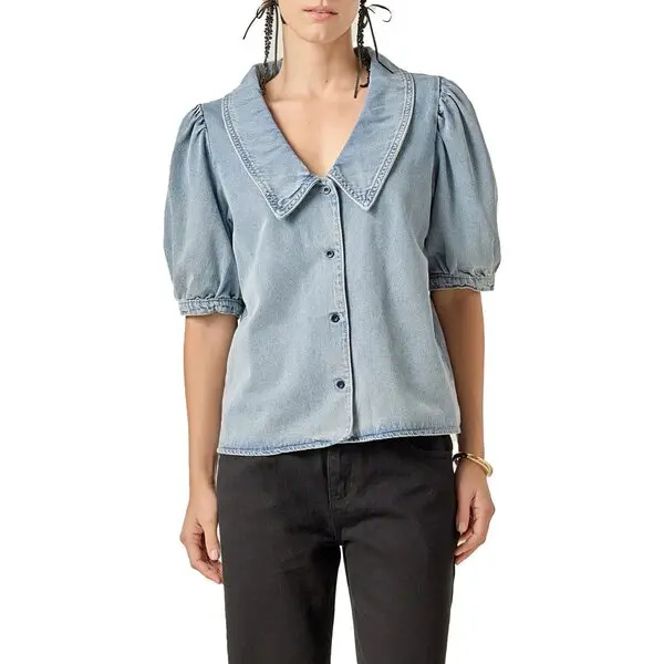 English Factory Peter Pan Collar Denim Top - Blue