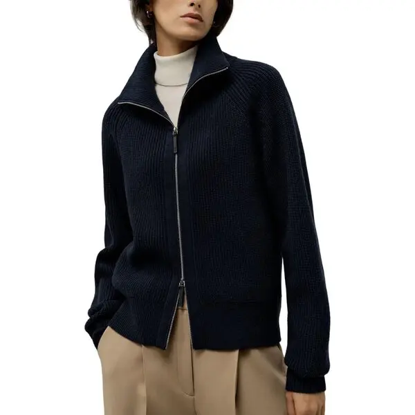 Lilysilk Ribbed-knit Turtleneck Zip Cardigan - Navy Blue