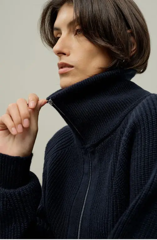 Lilysilk Ribbed-knit Turtleneck Zip Cardigan - Navy Blue