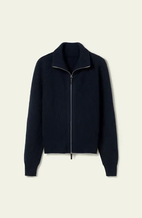Lilysilk Ribbed-knit Turtleneck Zip Cardigan - Navy Blue