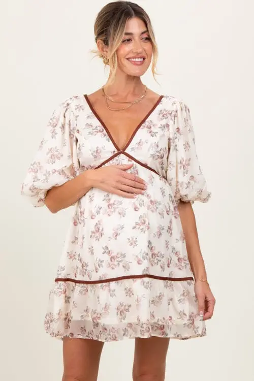 PINKBLUSH Floral Deep V-neck Back Cutout Maternity Dress