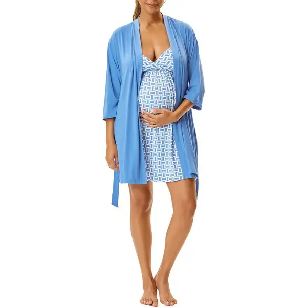 Motherhood Maternity Robe And Nursing Chemise Sleep Set With Baby Swaddle - Geo Shapes/provence Blue