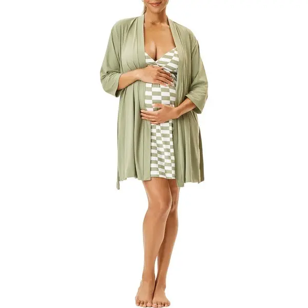 Motherhood Maternity Robe And Nursing Chemise Sleep Set With Baby Swaddle - Sage/checkmate Sage