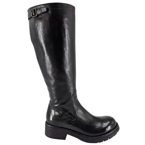 MADISON MAISON Leather Tall Flat Buckle Boot - Black