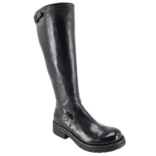 MADISON MAISON Leather Tall Flat Buckle Boot - Black