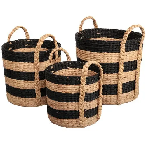 HAPPIMESS Stripe Handwoven Water Hyacinth Nesting Storage Baskets With Handles - Black/natural