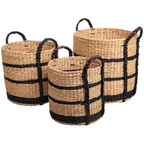 HAPPIMESS Stripe Handwoven Water Hyacinth Nesting Storage Baskets With Handles - Natural/black