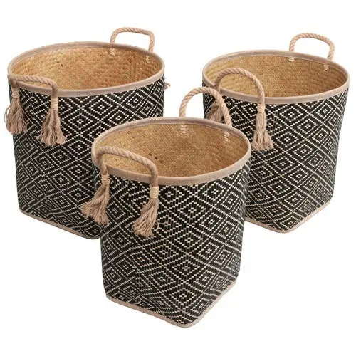 HAPPIMESS Celia Handwoven Palm Leaf Nesting Storage Baskets With Rope Handles - Natural/white