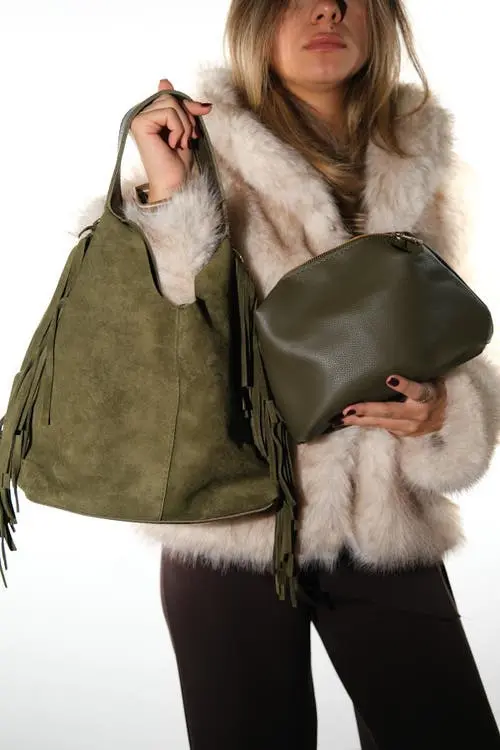 FOREVER & ALWAYS SHOES Vals Leather Shoulder Bag - Green Suede