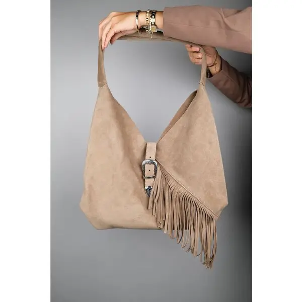 FOREVER & ALWAYS SHOES Rosalin Leather Tassel Shoulder Bag - Beige Suede