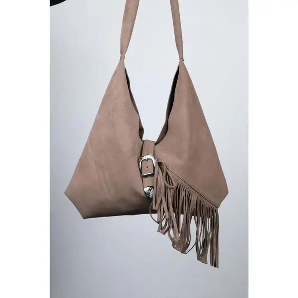 FOREVER & ALWAYS SHOES Rosalin Leather Tassel Shoulder Bag - Dark Beige Suede