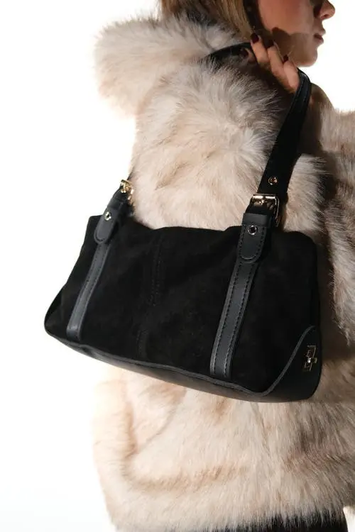 FOREVER & ALWAYS SHOES Nerina Leather Shoulder Bag - Black Suede