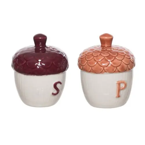 TRANSPAC Multicolor Harvest Moody Acorn Salt And Pepper Shakers Set