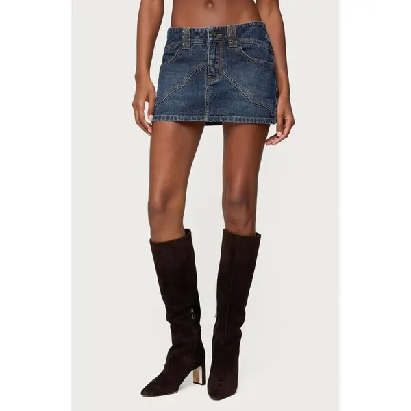 EDIKTED Tory Western Low Rise Denim Miniskirt - Dark-blue