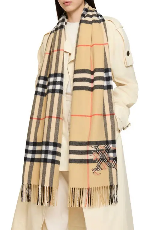 Burberry Wide Cross Stitch Ekd Check Cashmere Scarf - Sand