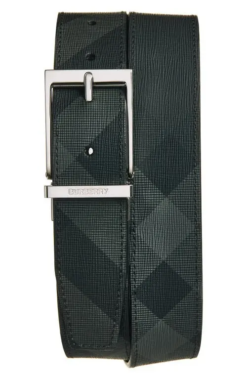 Burberry Reversible Check Canvas & Leather Pin Belt - Charcoal/silver