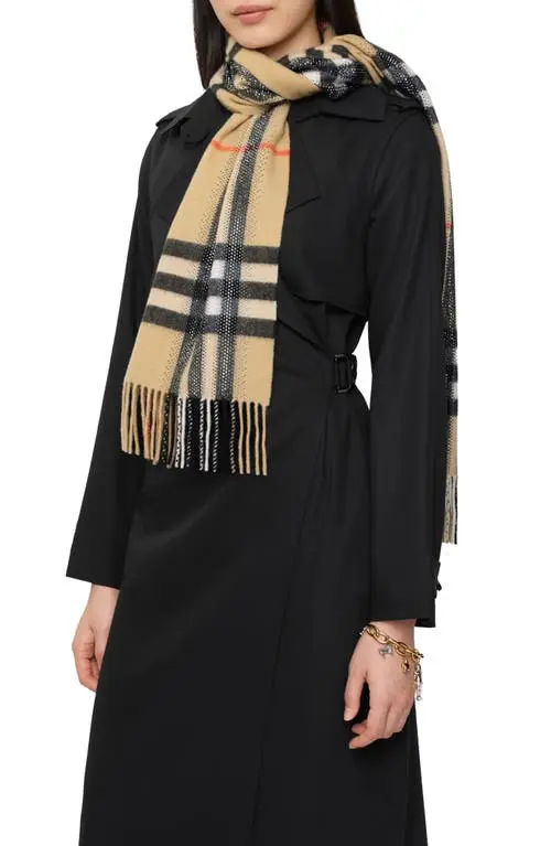 Burberry Crystal Embellished Check Cashmere Fringe Scarf - Sand