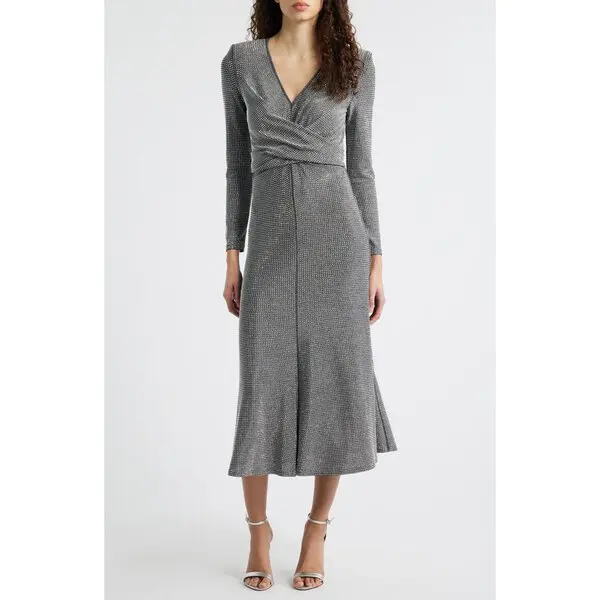 MILLY Rhys Rhinestone Long Sleeve Midi Dress