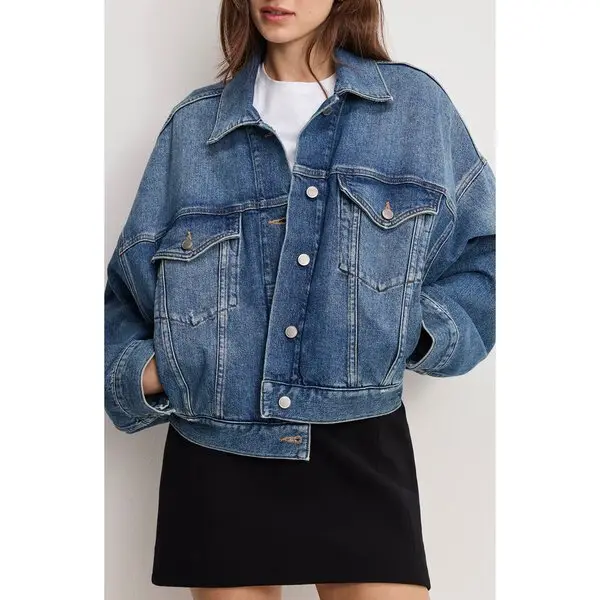 Good American Pleated Denim Trucker Jacket