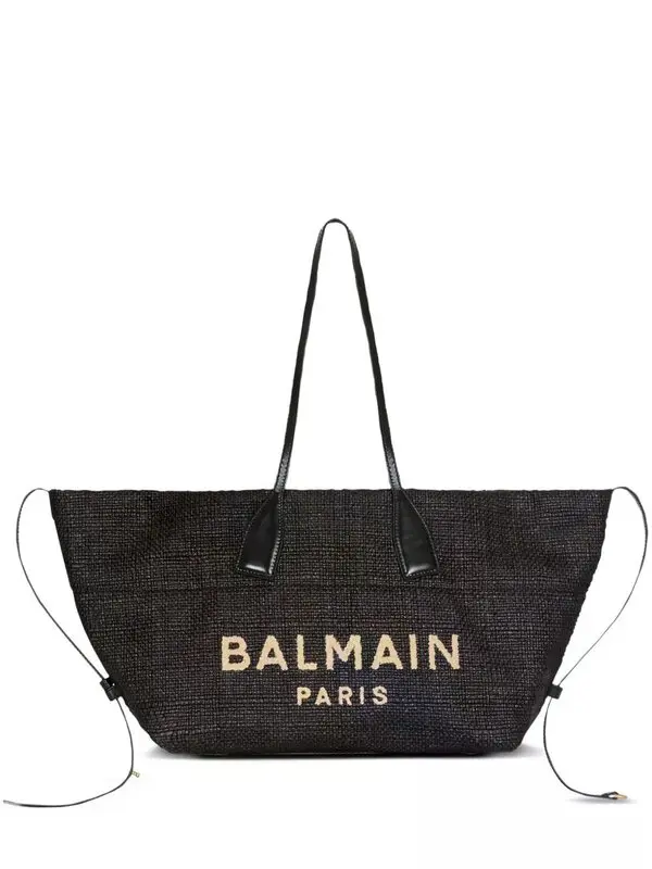 Balmain Raffia And Calfskin Track Tote Bag
