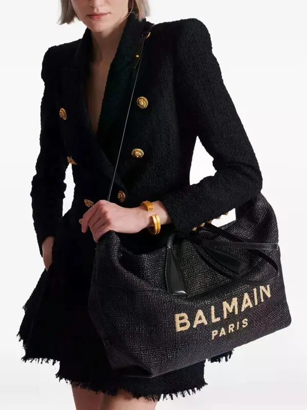 Balmain Raffia And Calfskin Track Tote Bag