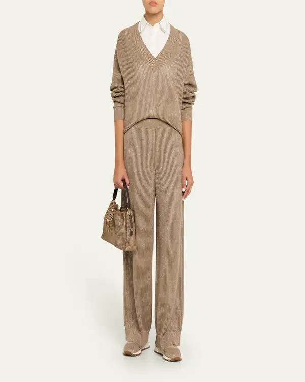 Brunello Cucinelli Metallic Cotton Rib Wide-leg Trousers