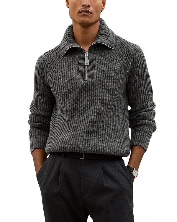REISS Half Zip Cashmere Funnel Sweater - Mid Grey