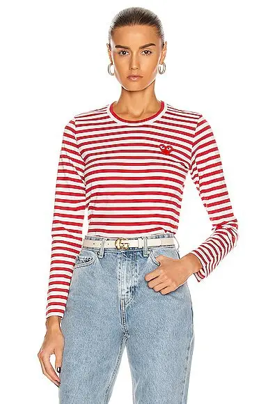 Play Comme Des Garcon Striped Cotton Emblem Long Sleeve Tee