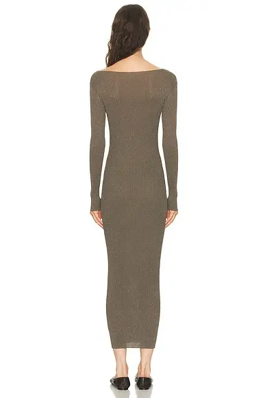 LESET Ribbed Long Sleeve Maxi Dress With Metallic Detailing - Moss