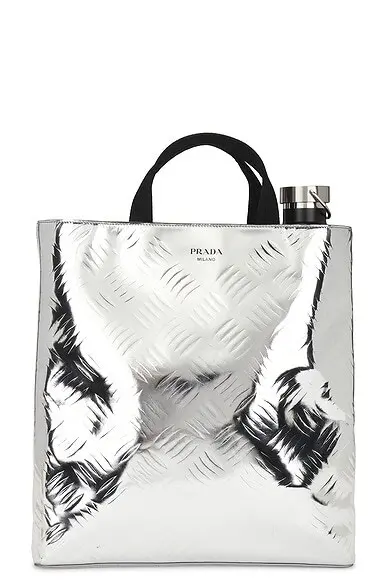 Prada Metallic Spazzolato Embossed Tote Bag - Argento