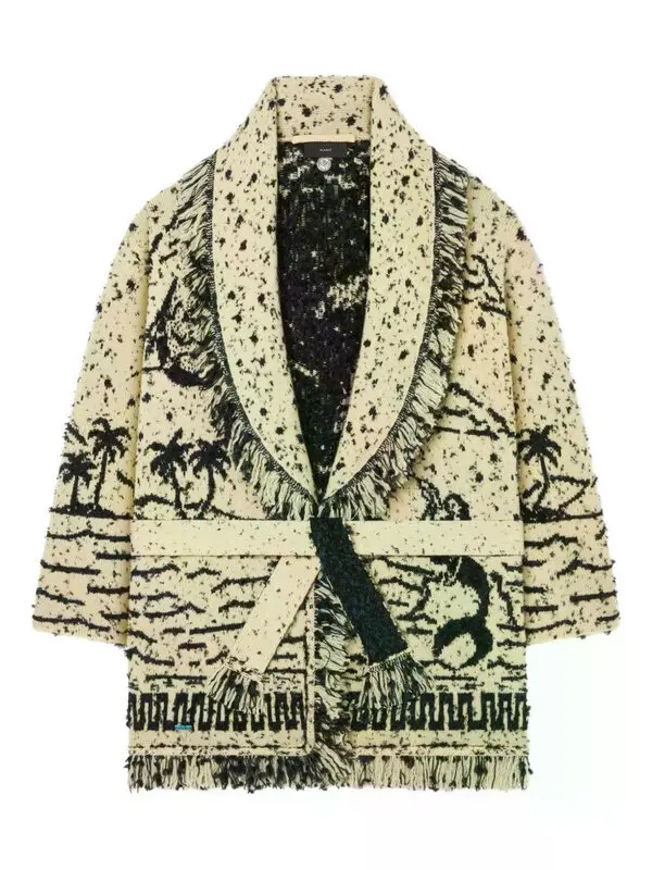 Alanui Ocean Whispers Graphic-pattern Cardigan With Fringed Trim - Neutrals