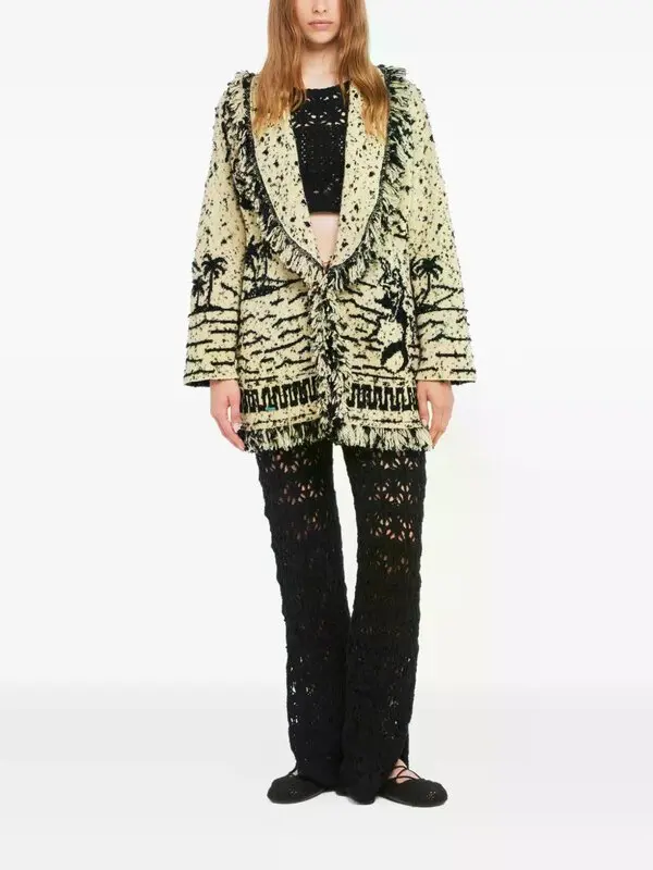 Alanui Ocean Whispers Graphic-pattern Cardigan With Fringed Trim - Neutrals
