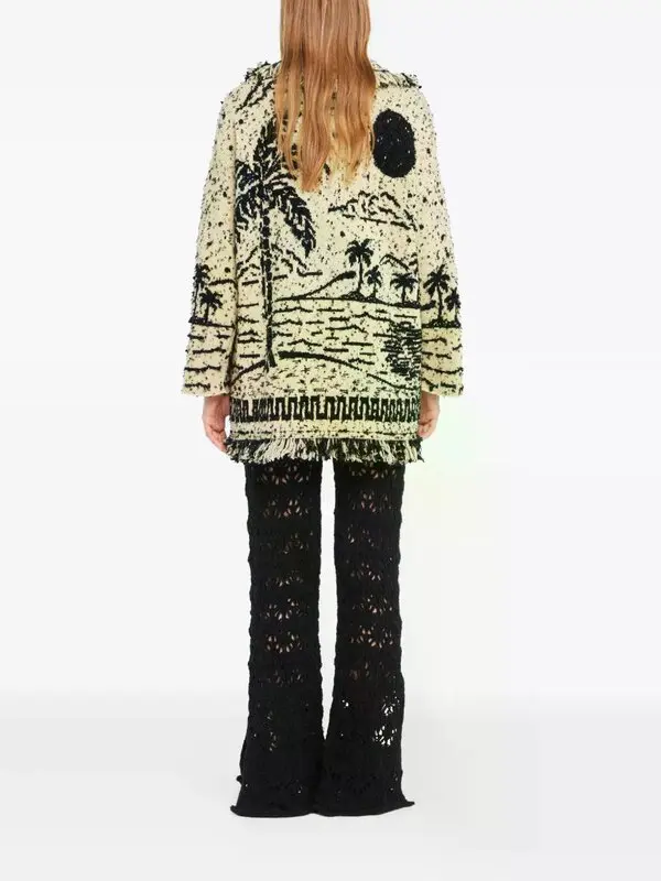 Alanui Ocean Whispers Graphic-pattern Cardigan With Fringed Trim - Neutrals