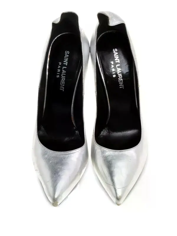 Saint Laurent Silver Leather Pointed Toe High Heel Pumps