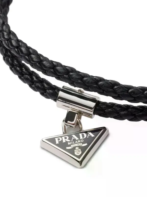 Prada Triangle-logo Leather Bracelet - Silver