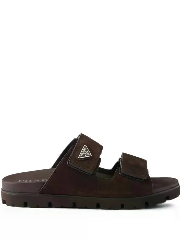 Prada Suede Triangle Logo Sandals - Brown