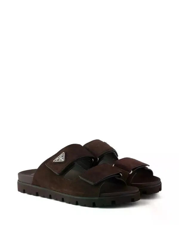 Prada Suede Triangle Logo Sandals - Brown