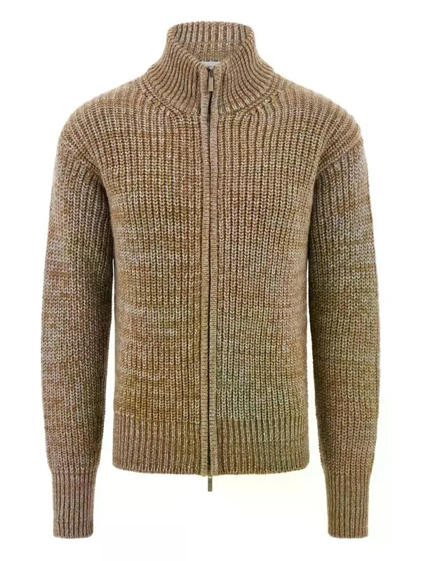 FERRAGAMO High Neck Rib Knit Cardigan - Brown