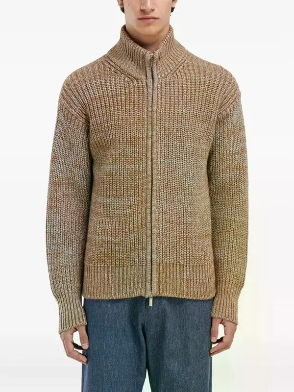 FERRAGAMO High Neck Rib Knit Cardigan - Brown