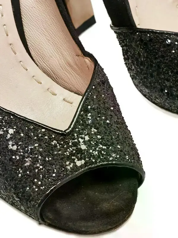 Miu Miu Glitter Embellished Suede Peep Toe Block Heel Pumps
