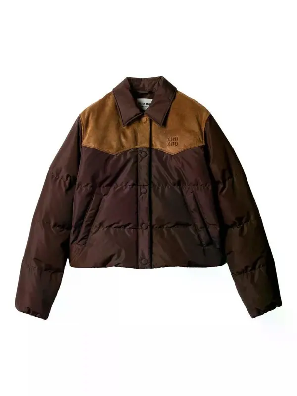 Miu Miu Technical Pongé And Leather Down Jacket - Brown