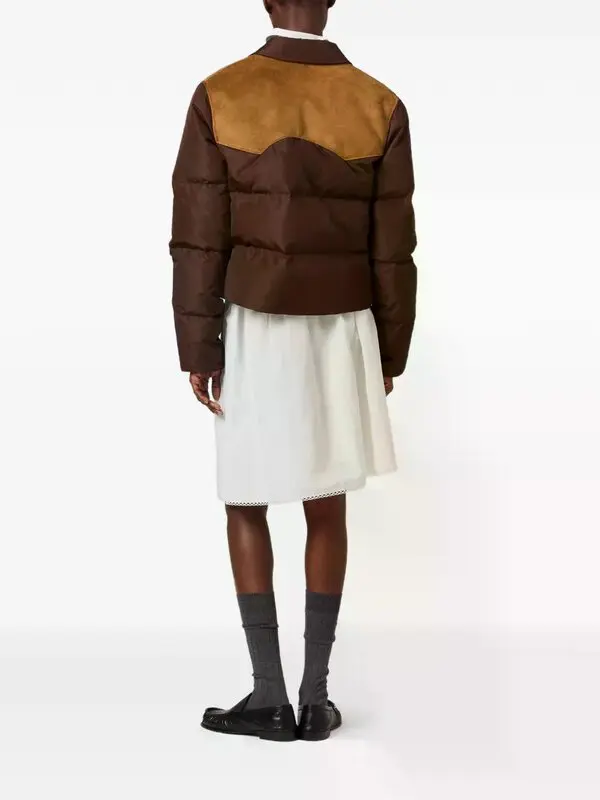 Miu Miu Technical Pongé And Leather Down Jacket - Brown